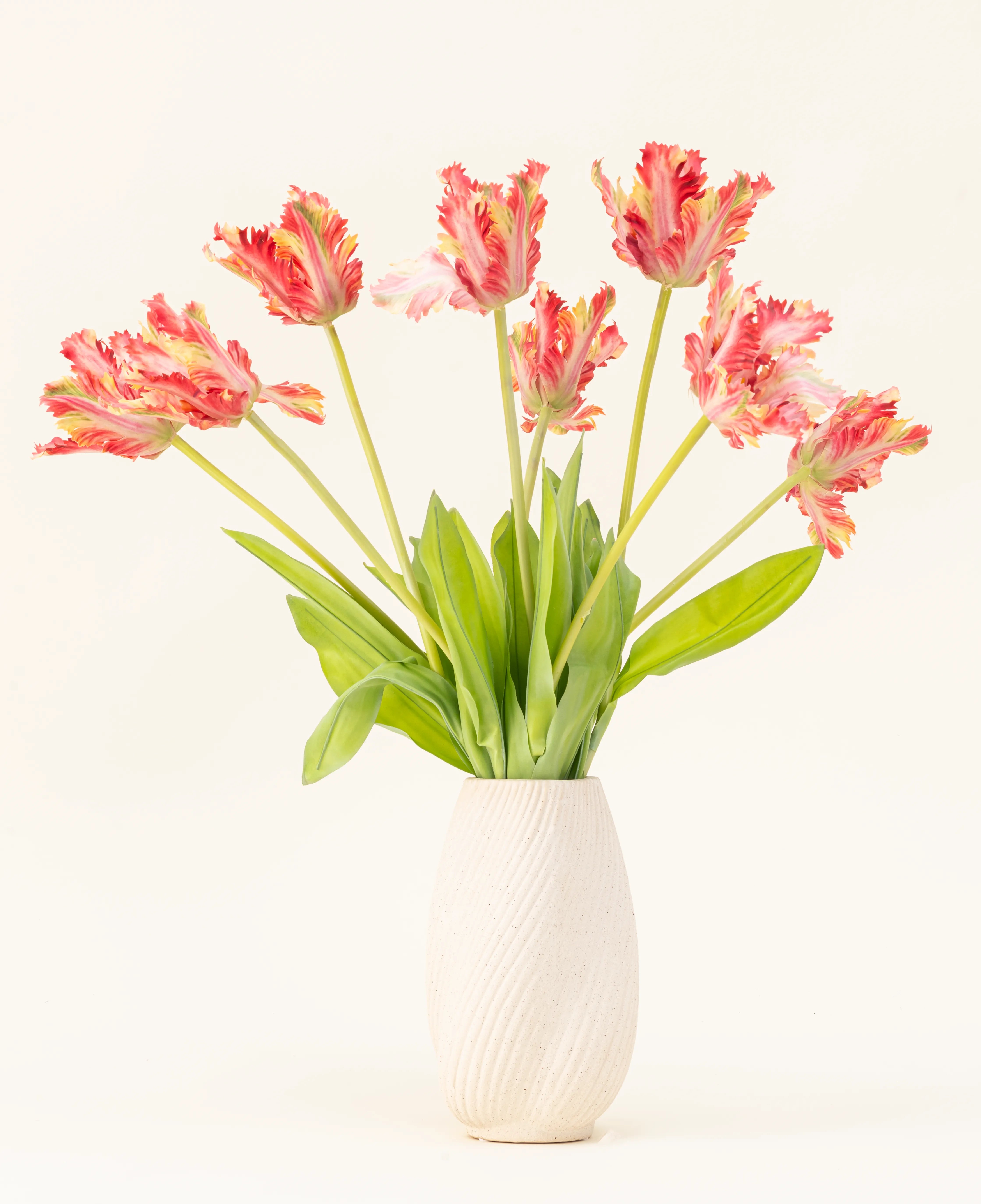 Zijden kunstbloemen boeket Franse Parkiet Tulp rood/geel